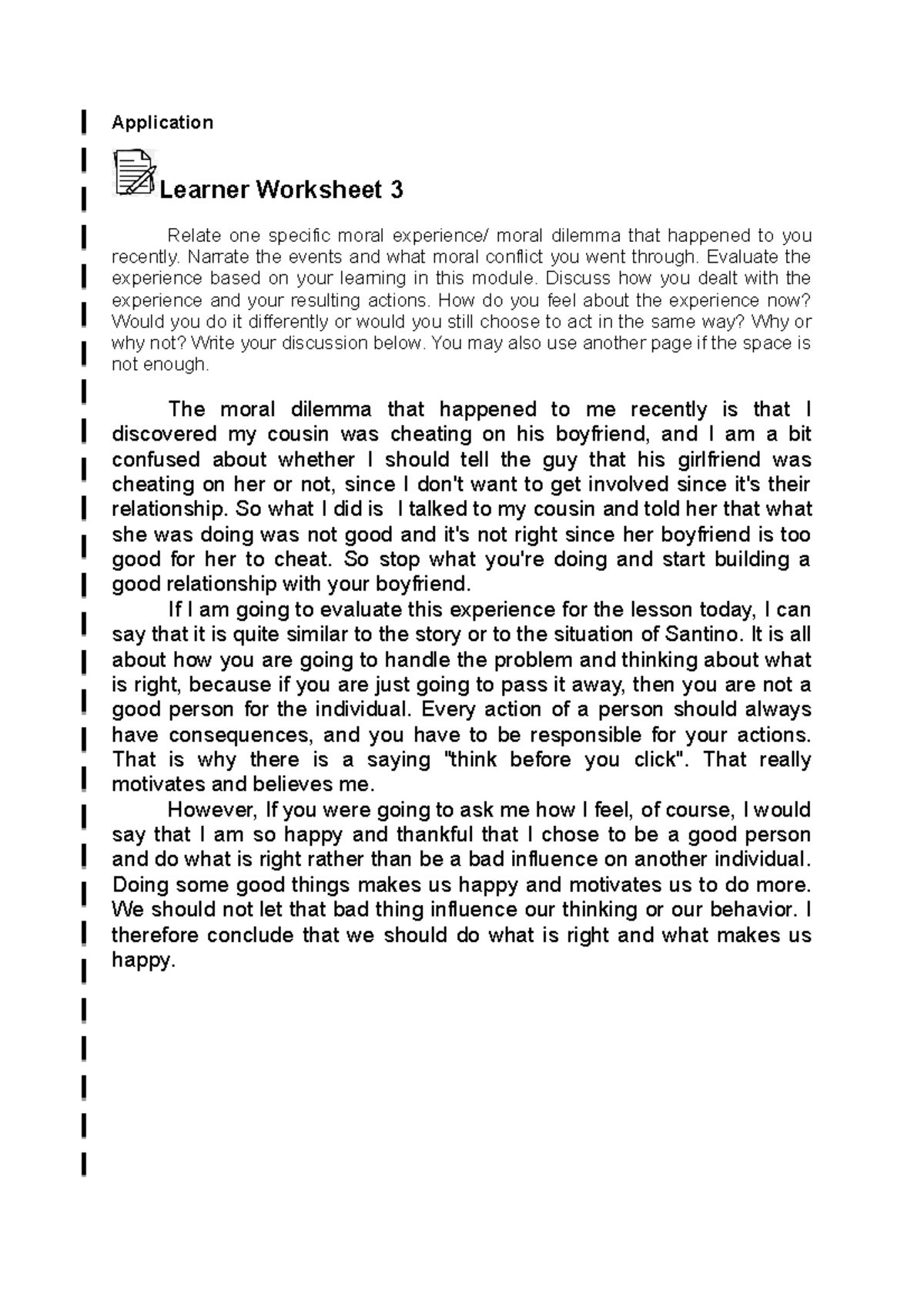 Learner Worksheet 3 Ethics - Application Learner Worksheet 3 Relate one ...