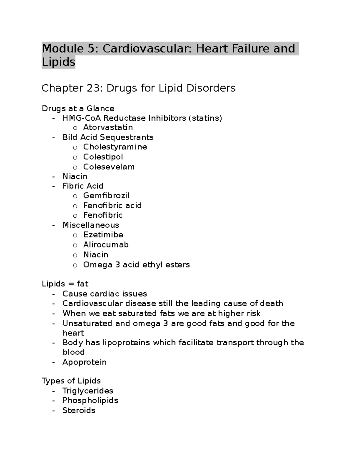Pharm note 2 - lecture notes - Module 5: Cardiovascular: Heart Failure ...
