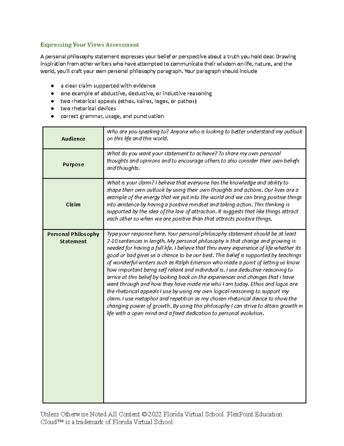 English 5 assignment - Expressing Your Views Assessment A personal ...