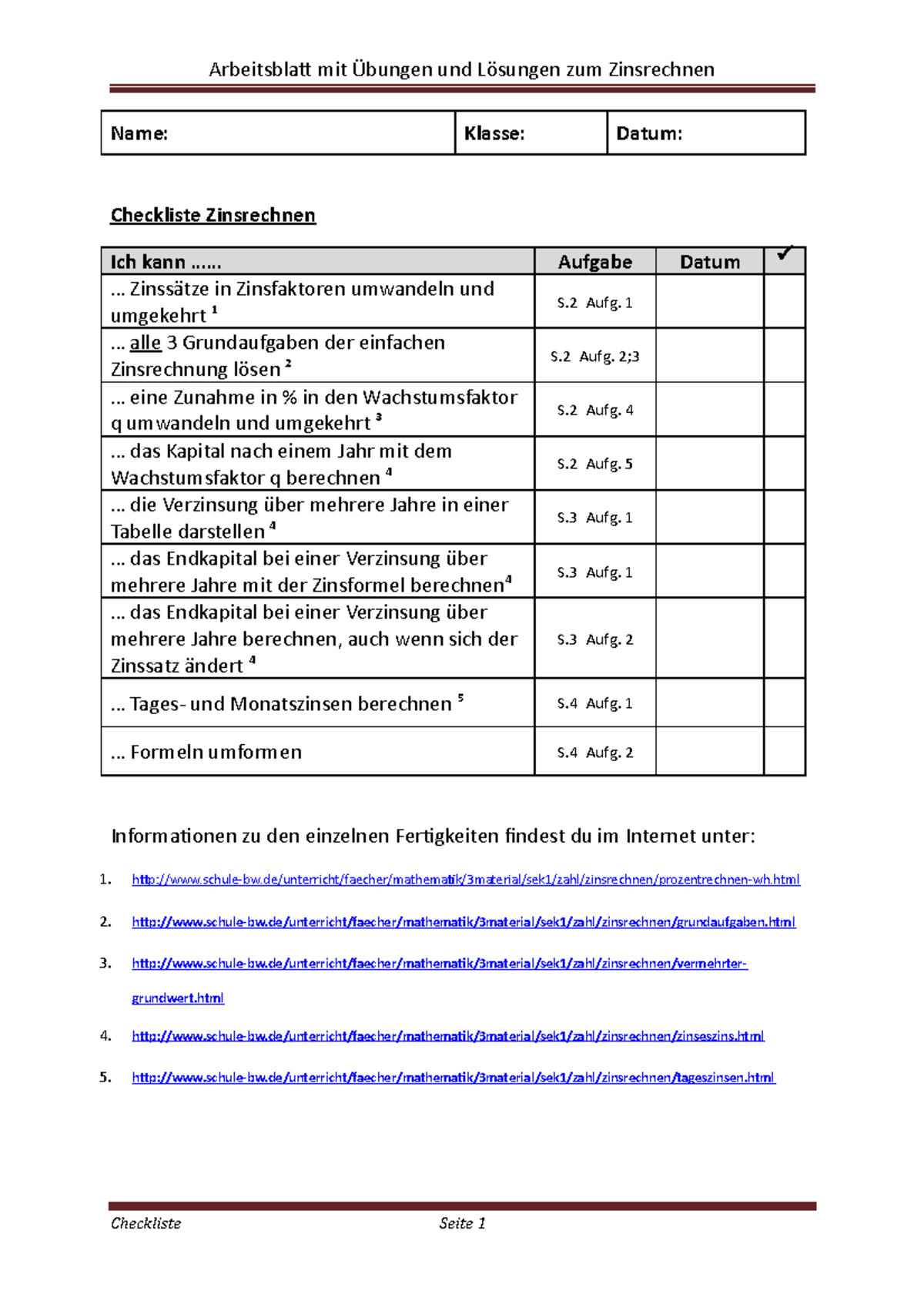 Arbeitsblaetter - Arbeitsblätter - Name: Klasse: Datum: Checkliste ...