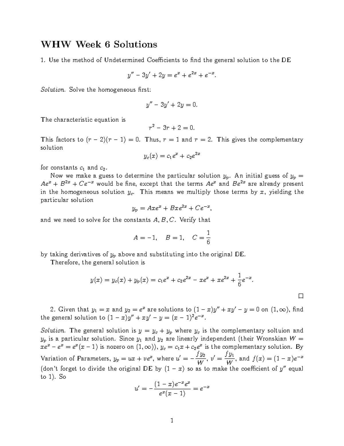 MTH256 ecampus WHW 6 - Solution HW6 - WHW Week 6 Solutions Use the method of Undetermined - Studocu