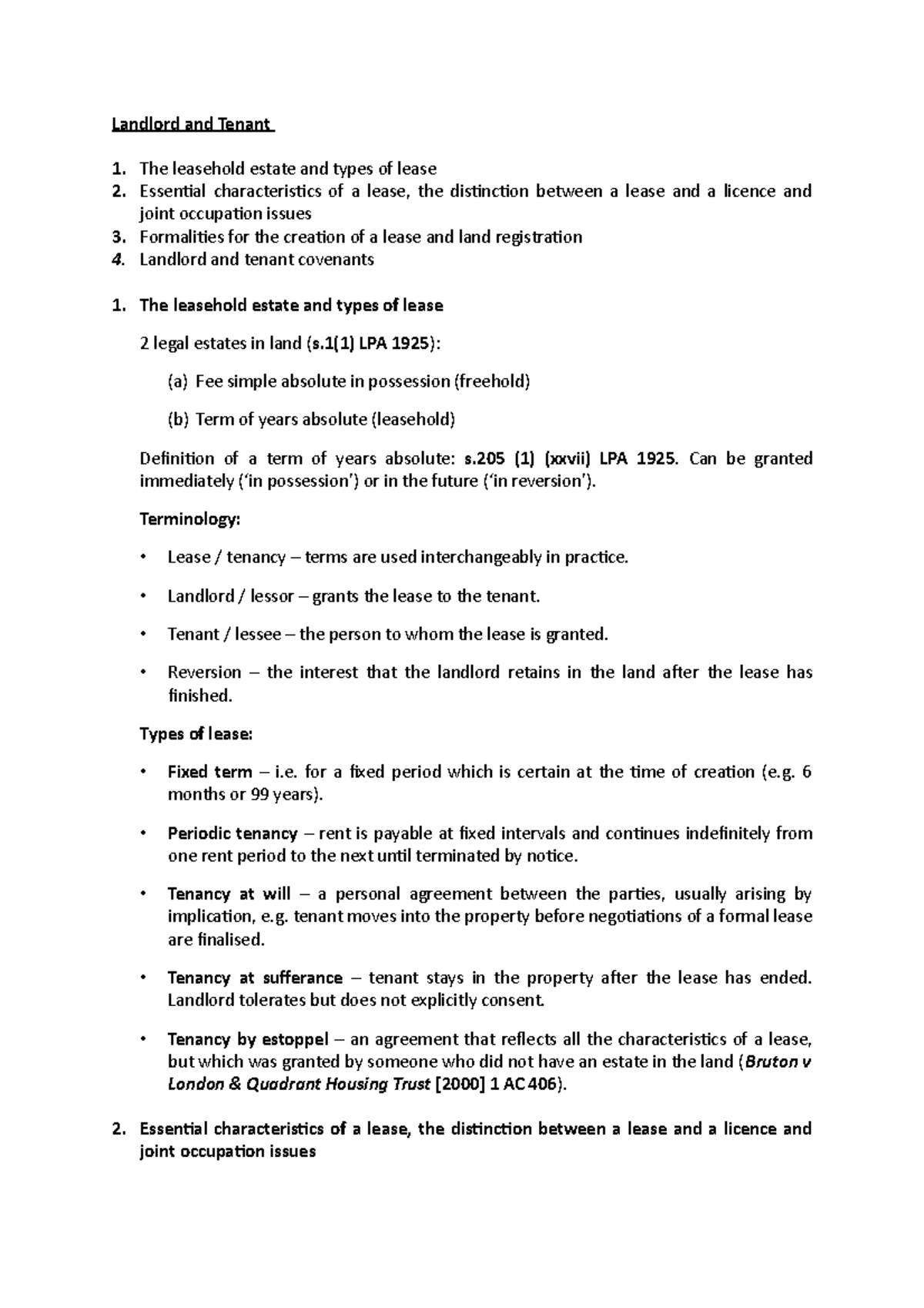 Landlord and Tenant - Landlord and Tenant The leasehold estate and ...