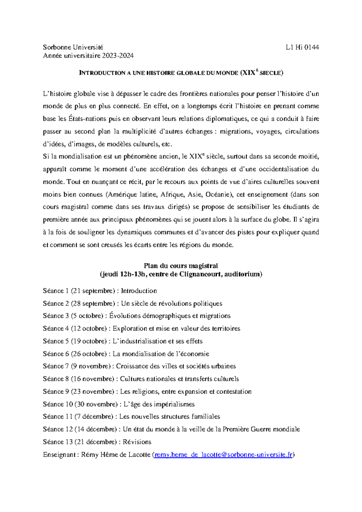 L1Hi0144 CM Plan et bibliographie 2023-2024 - Sorbonne Université Année universitaire 2023- L1 ...