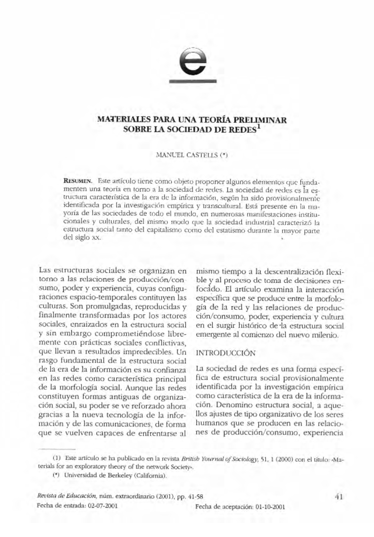 Manuel Castells (2001 ) Materiales para una teoria preliminar sobre la ...