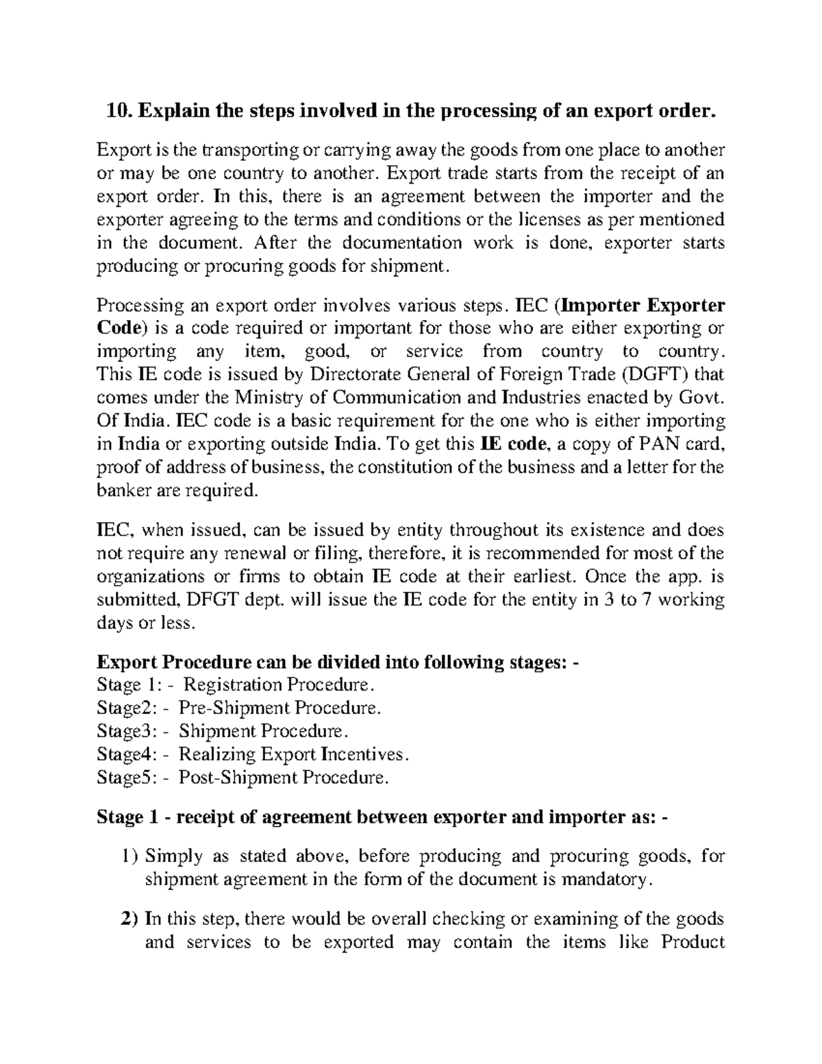 Steps involved in export order - 10. Explain the steps involved in the ...