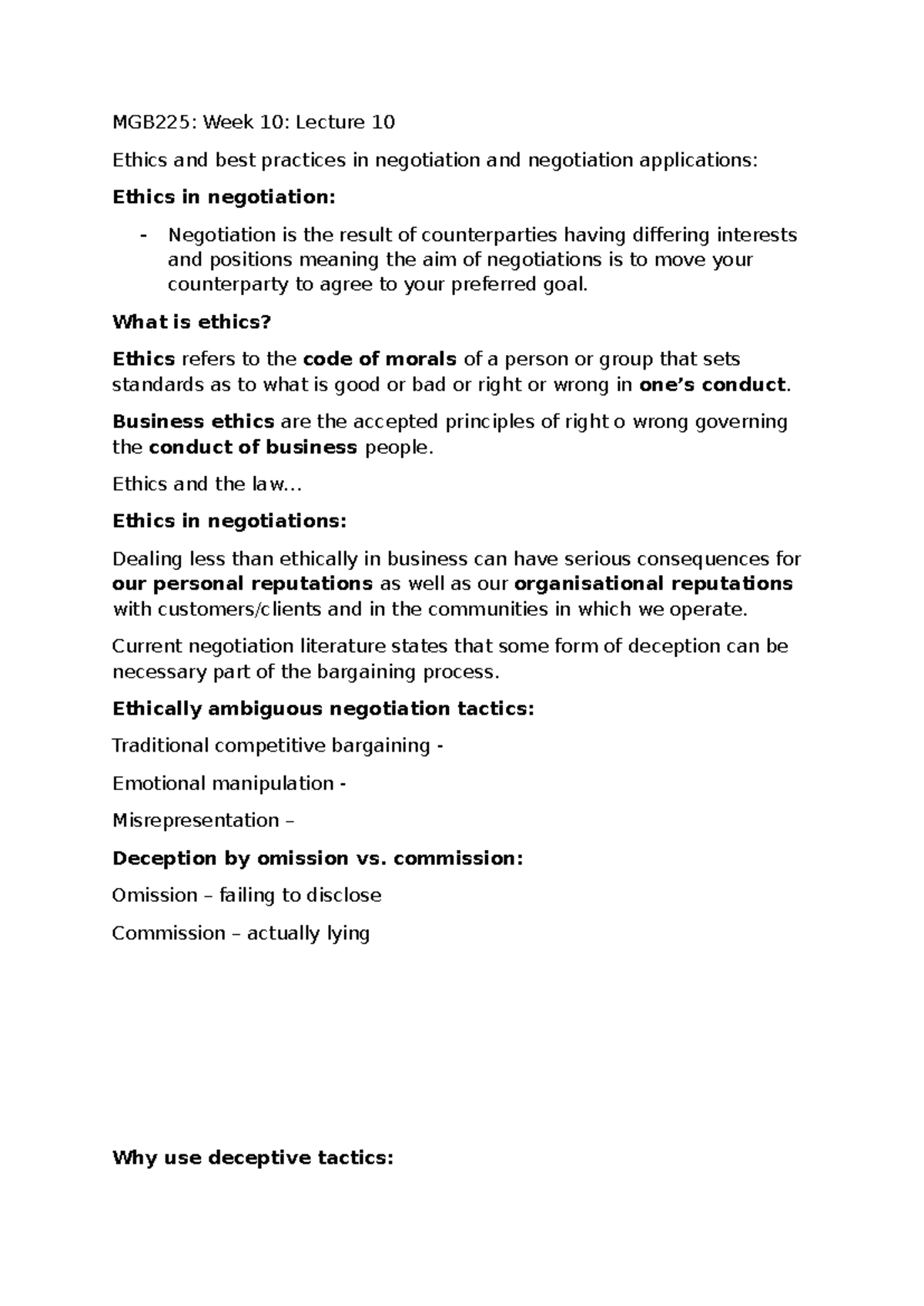 Lec 10 - Lecture notes, week 10 - MGB225: Week 10: Lecture 10 Ethics ...