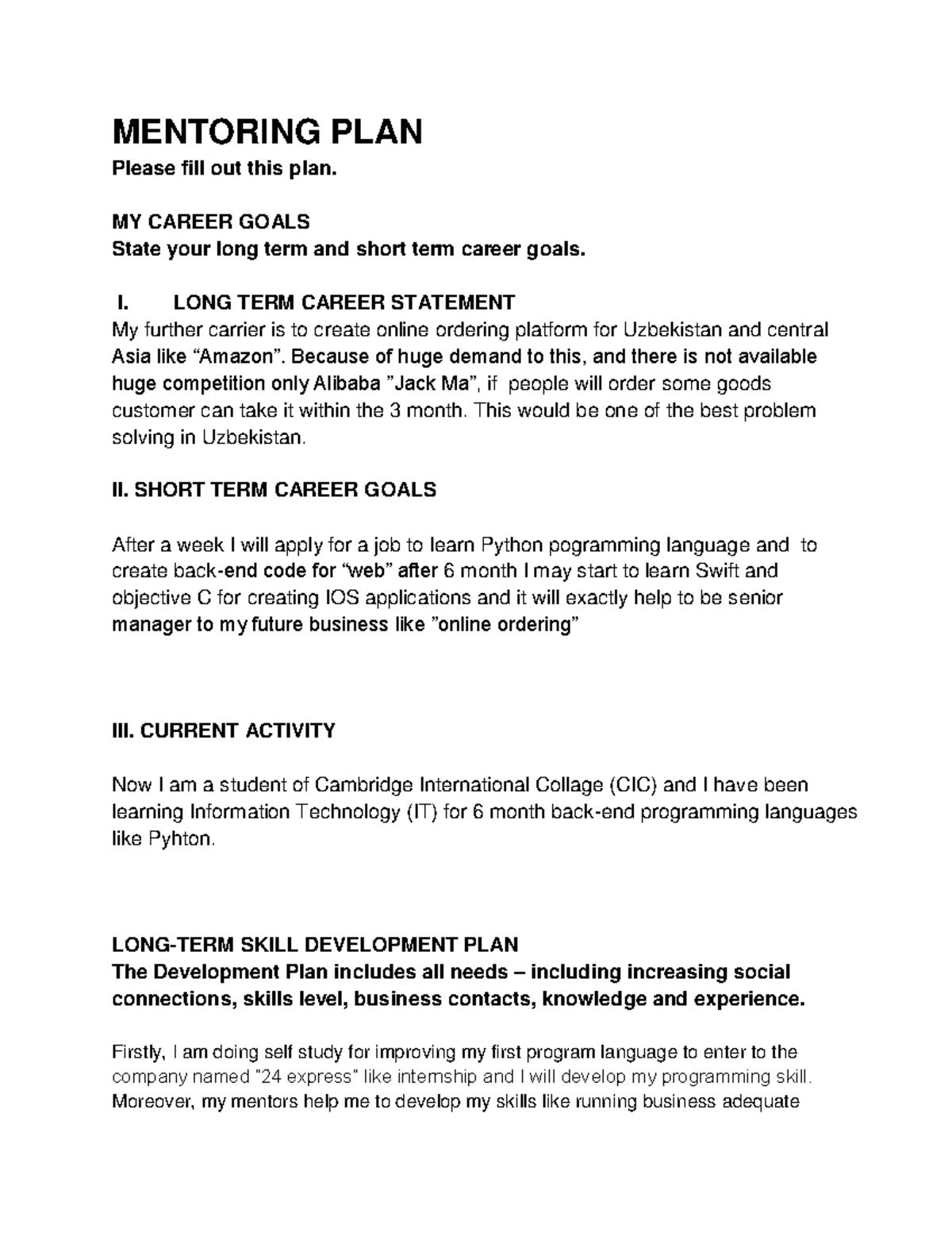 Sadullaev Olim Mentor plan - MENTORING PLAN Please fill out this plan ...