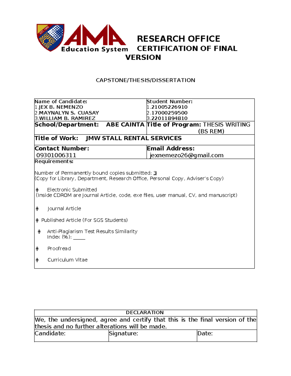 CFV- Format- Final - for thesis - RESEARCH OFFICE CERTIFICATION OF ...
