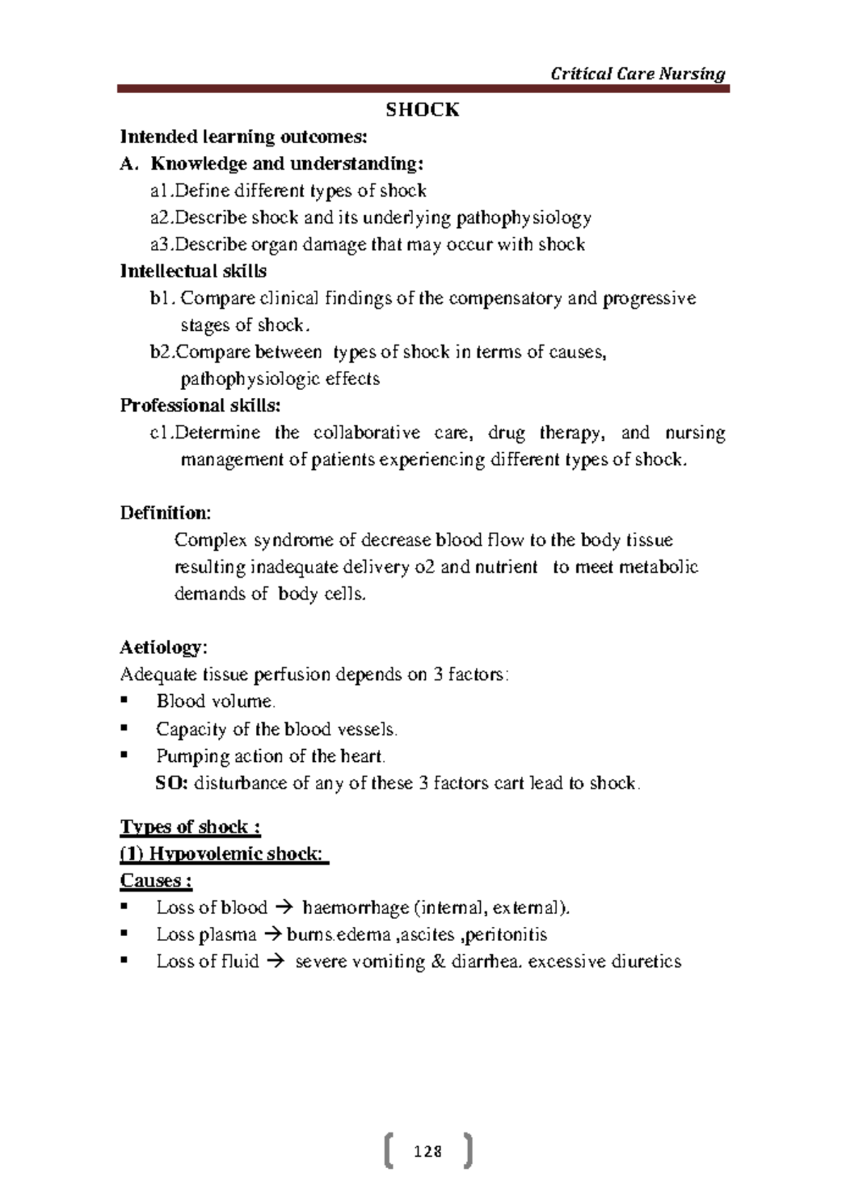 Shock - Critical Care Nursing - SHOCK Intended learning outcomes: A ...