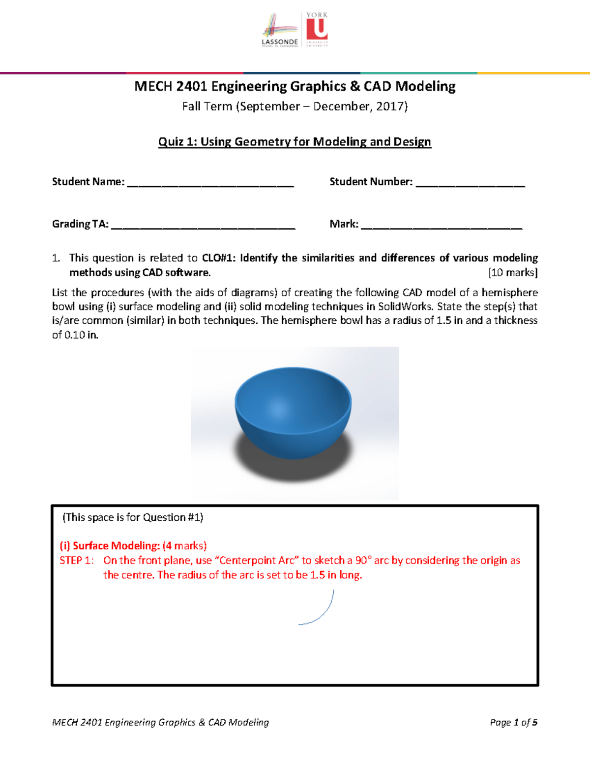 Quiz 01 2017, answers - MECH 2401 Engineering Graphics & CAD Modeling ...