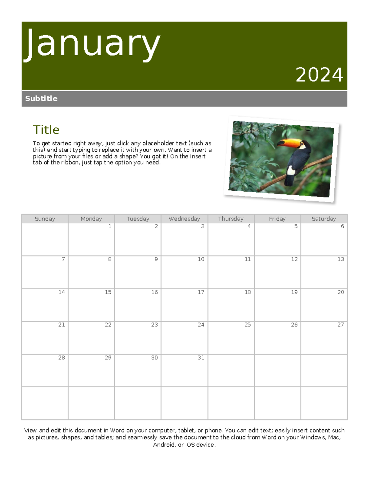 Calendar Note - Lecture - January 2024 Subtitle Title To get started ...