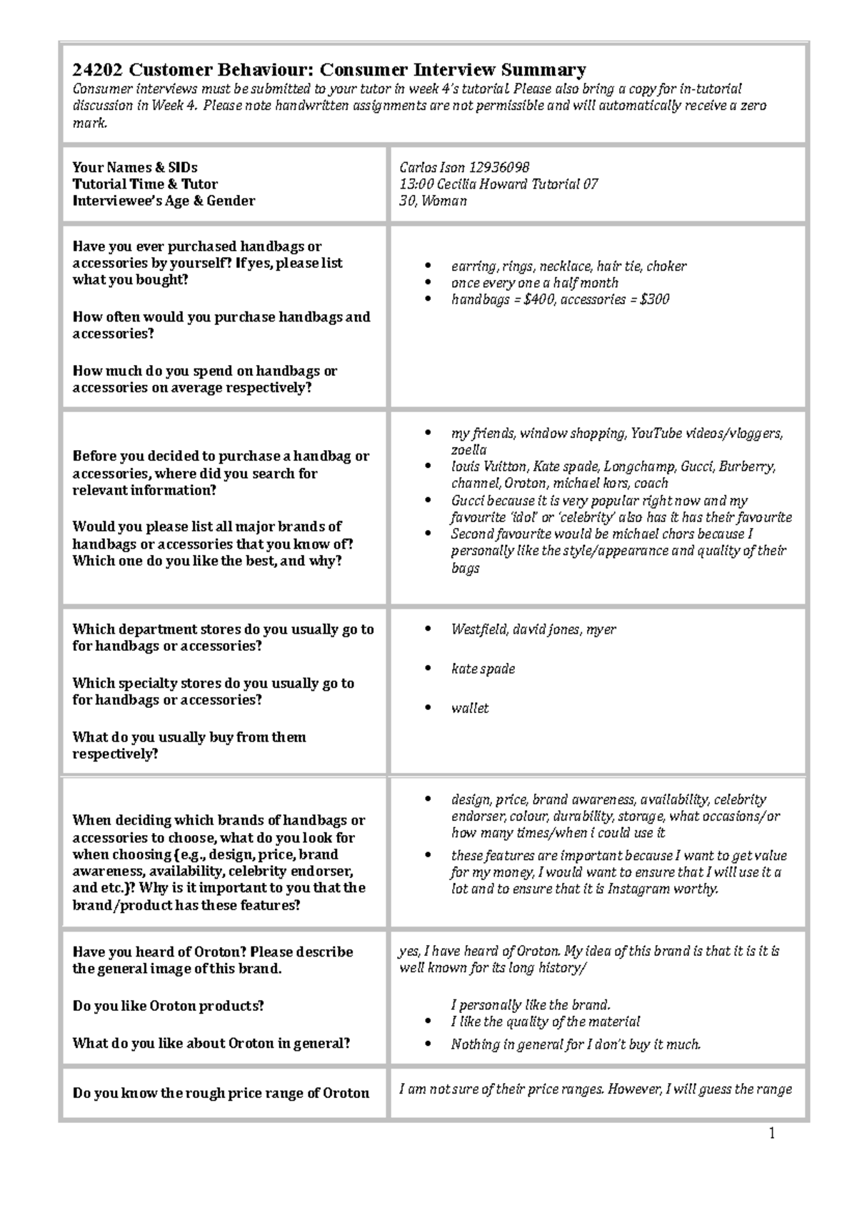 Consumer Behaviour Interview - 24202 Customer Behaviour: Consumer ...