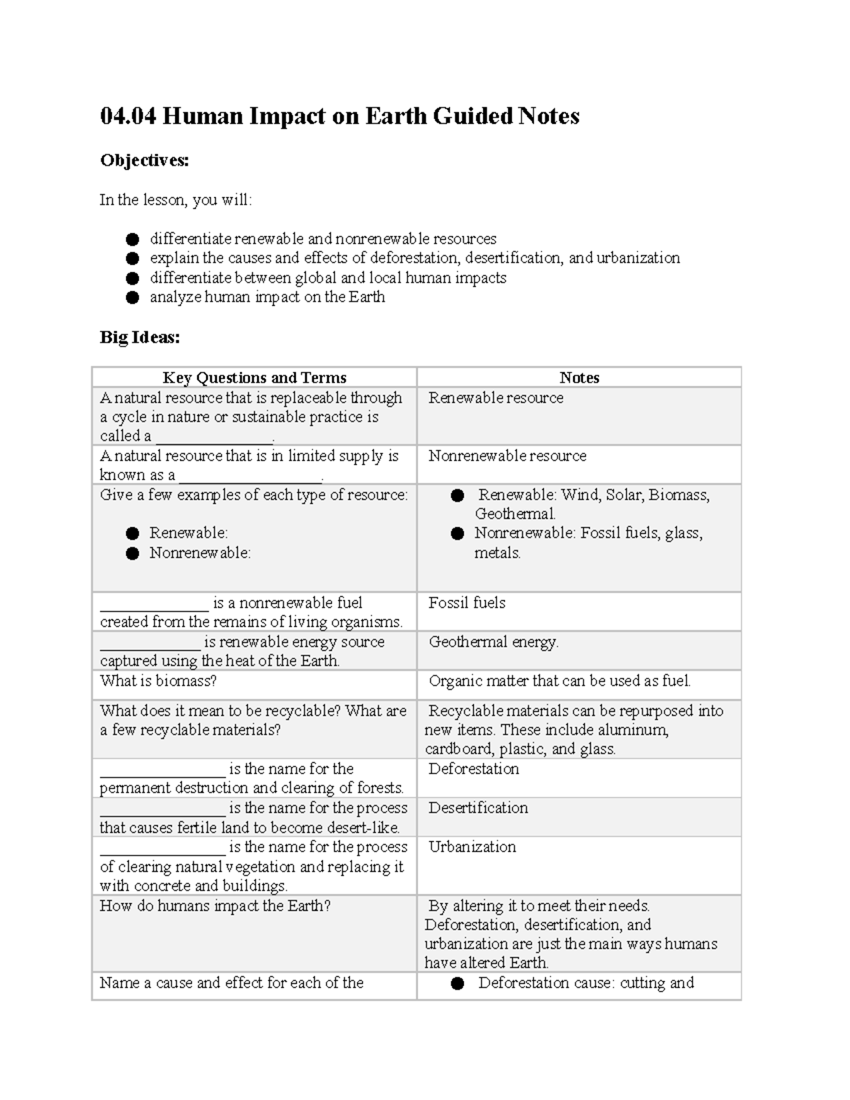04 04 notes - 04 Human Impact on Earth Guided Notes Objectives: In the ...
