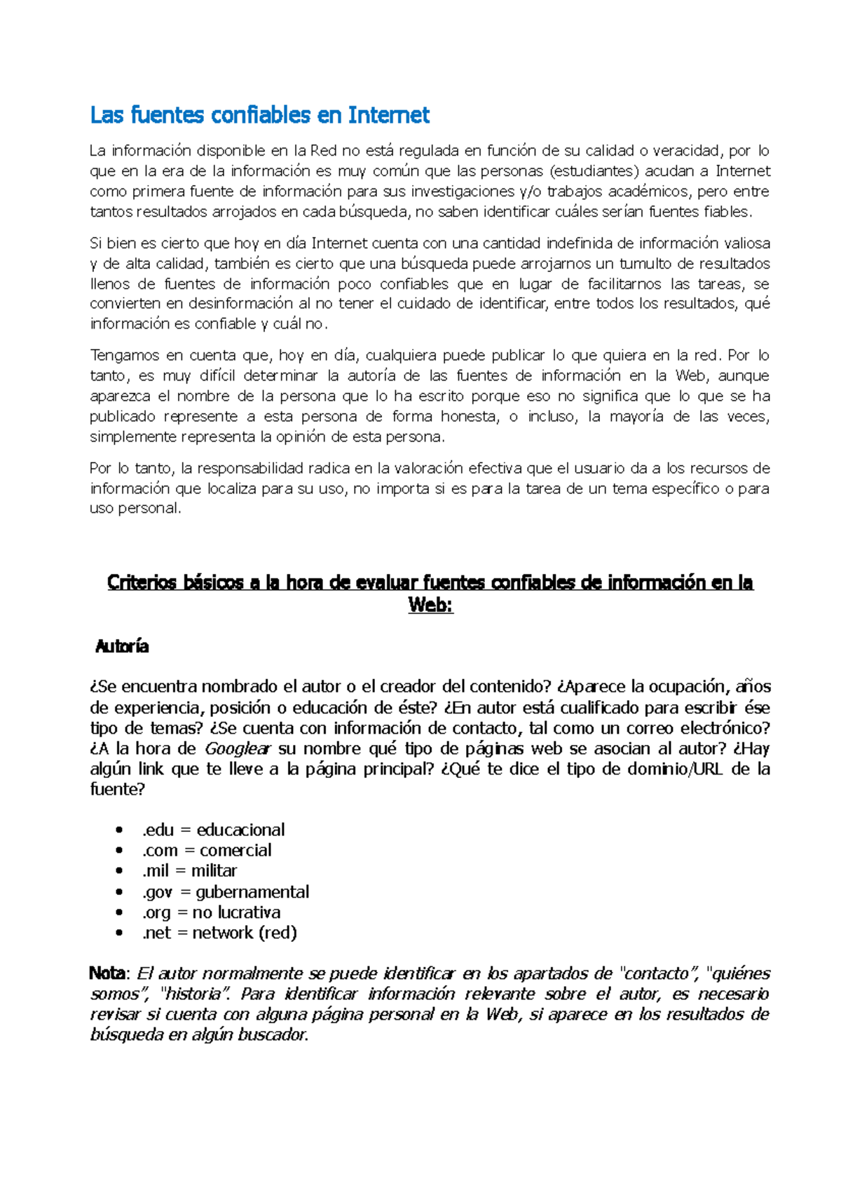 Las fuentes confiables en Internet - Si bien es cierto que hoy en día ...