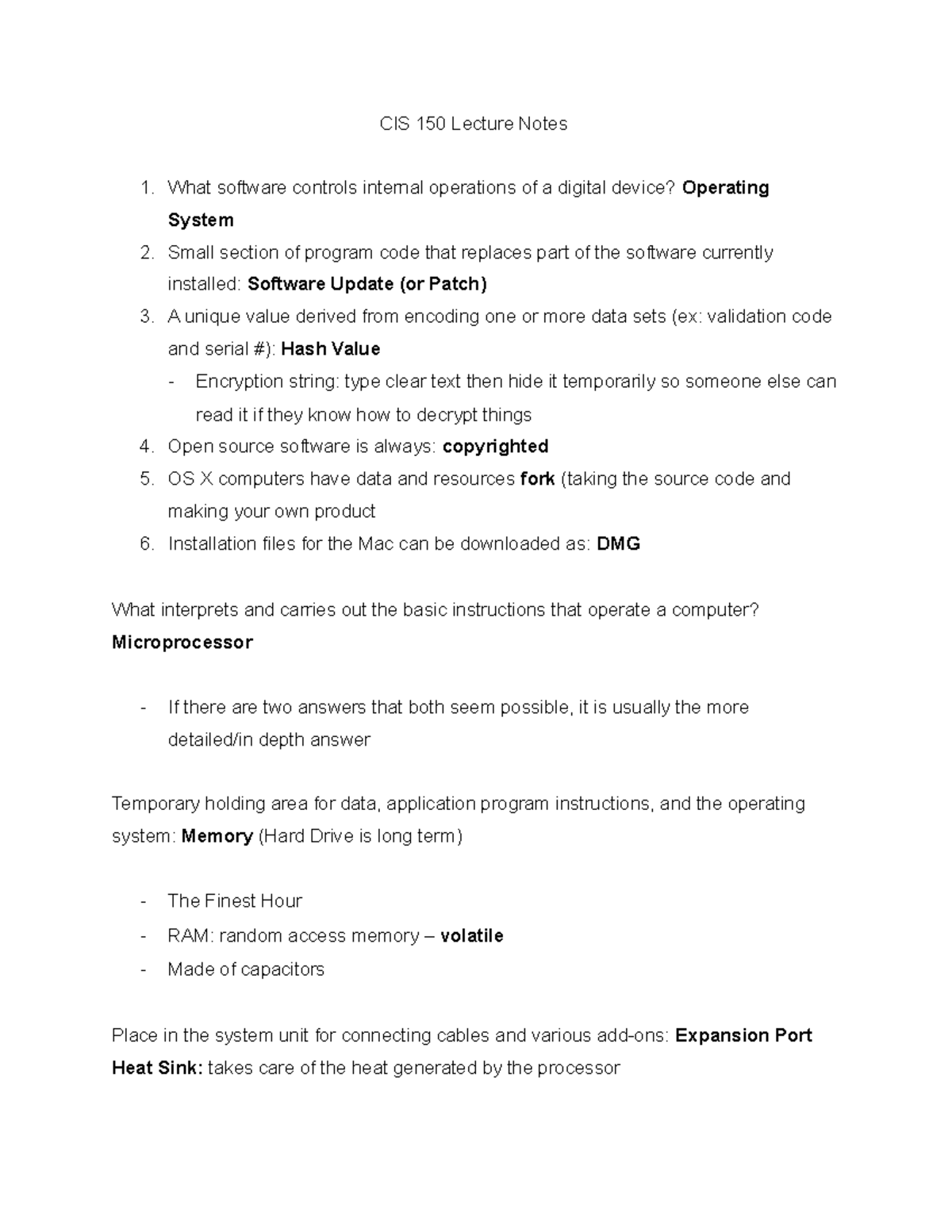 Cis 150 Lecture Notes Cis 150 Lecture Notes What Software Controls Internal Operations Of A