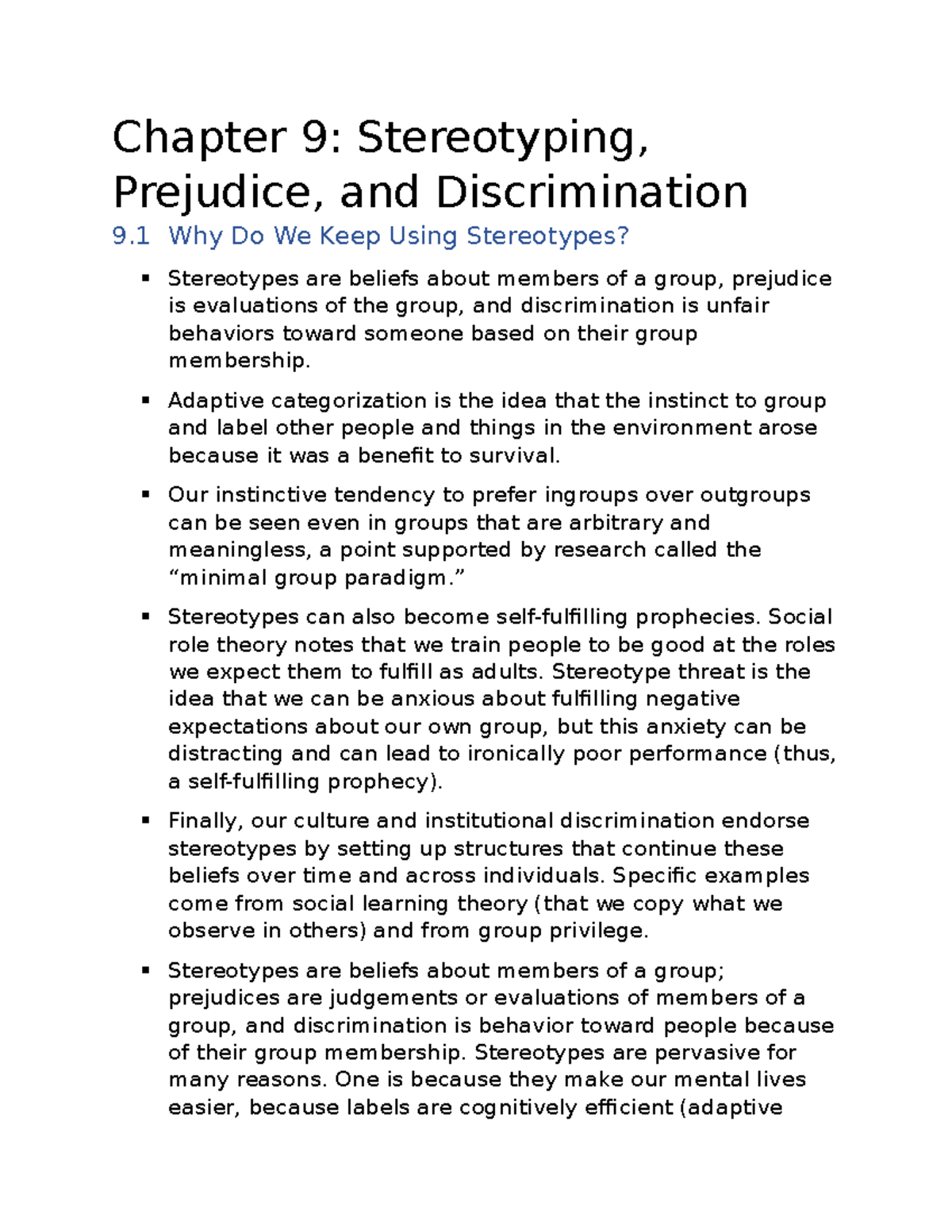 Social Psychology Chapter 9 Notes - Chapter 9: Stereotyping, Prejudice ...