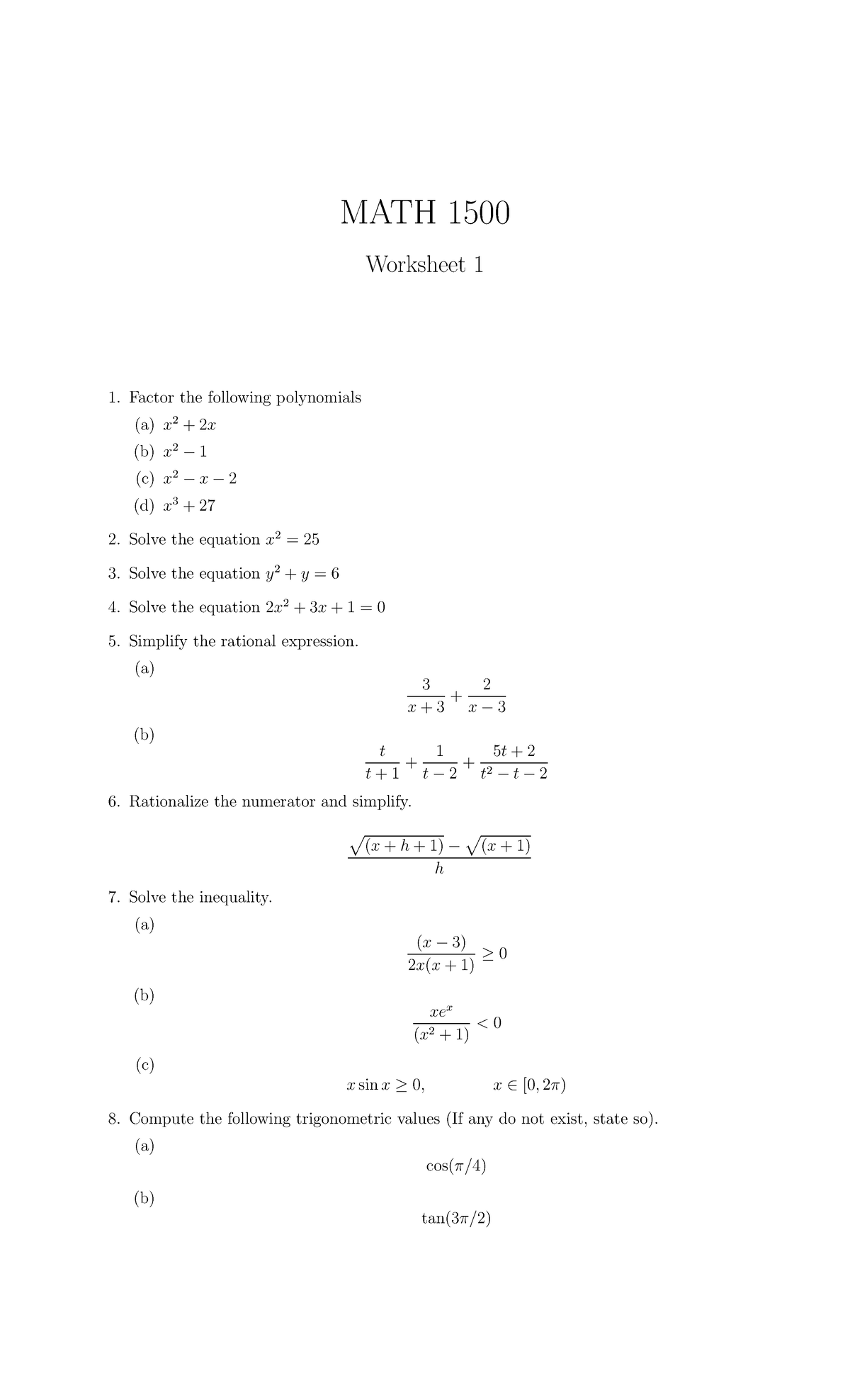Worksheet 1 - F23 - wk1 - MATH 1500 Worksheet 1 Factor the following ...