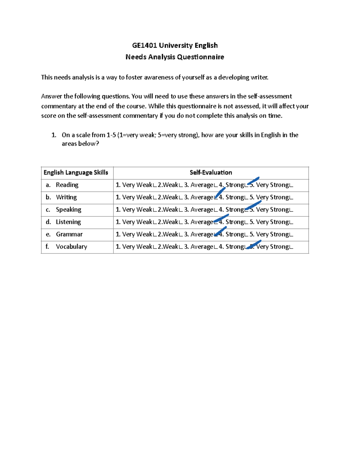 GE1401 Needs Analysis Questionnaire - GE1401 University English Needs ...