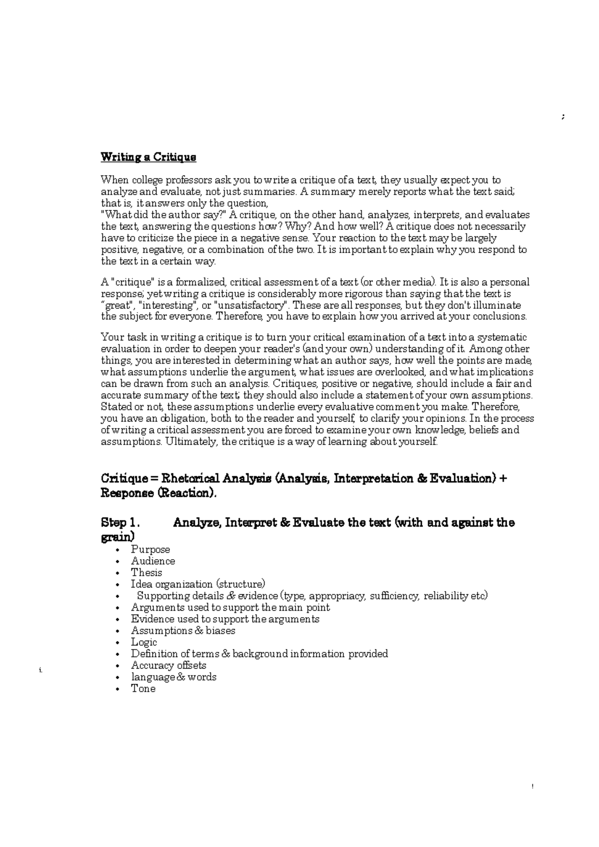 Session 14 - ; ! i. Writing a Critique When college professors ask you ...