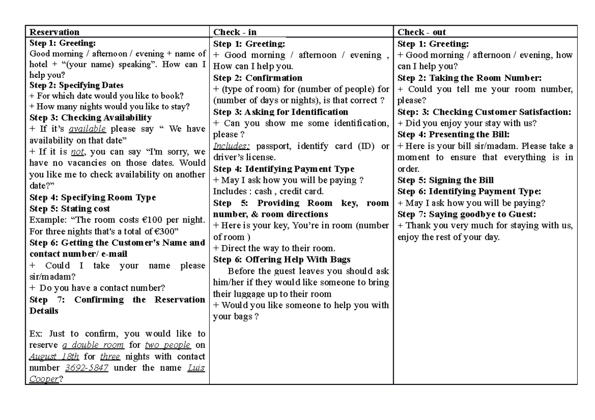 Handout - English for hotels - Reservation Check - in Check - out Step ...