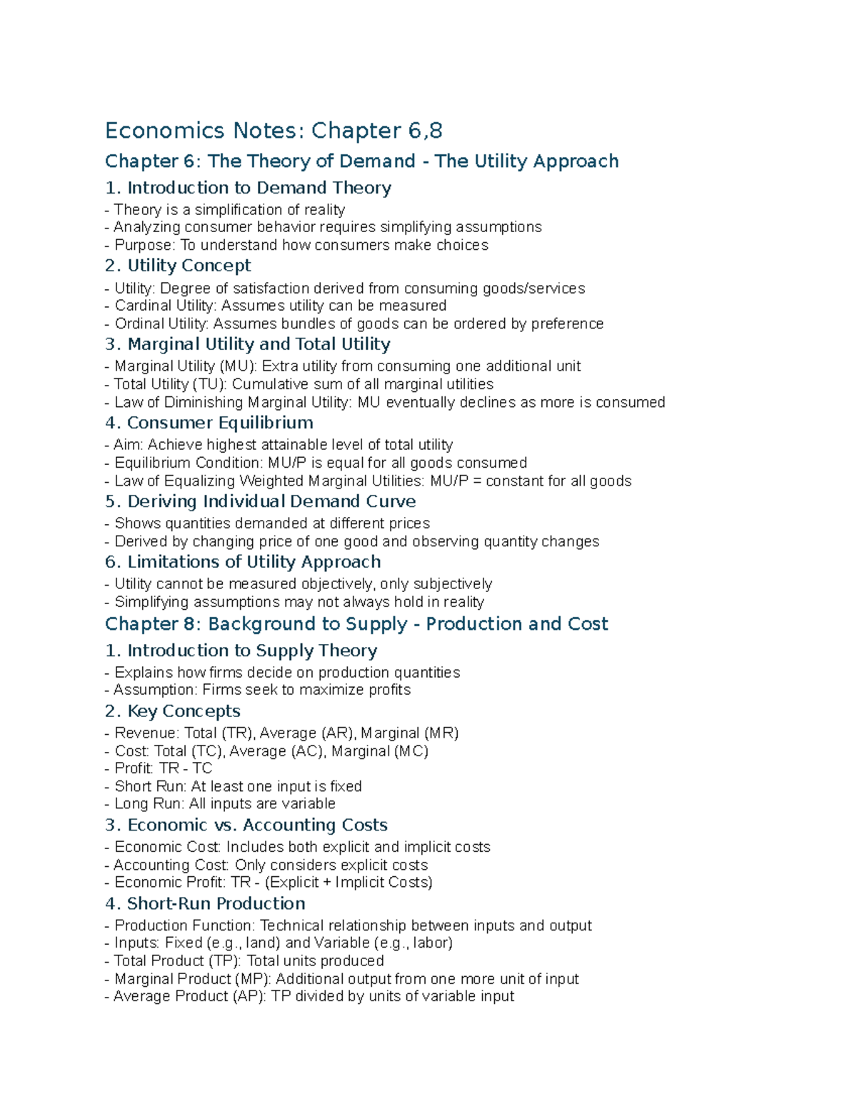 Economics-chapter 6,8 - Economics Notes: Chapter 6, Chapter 6: The ...