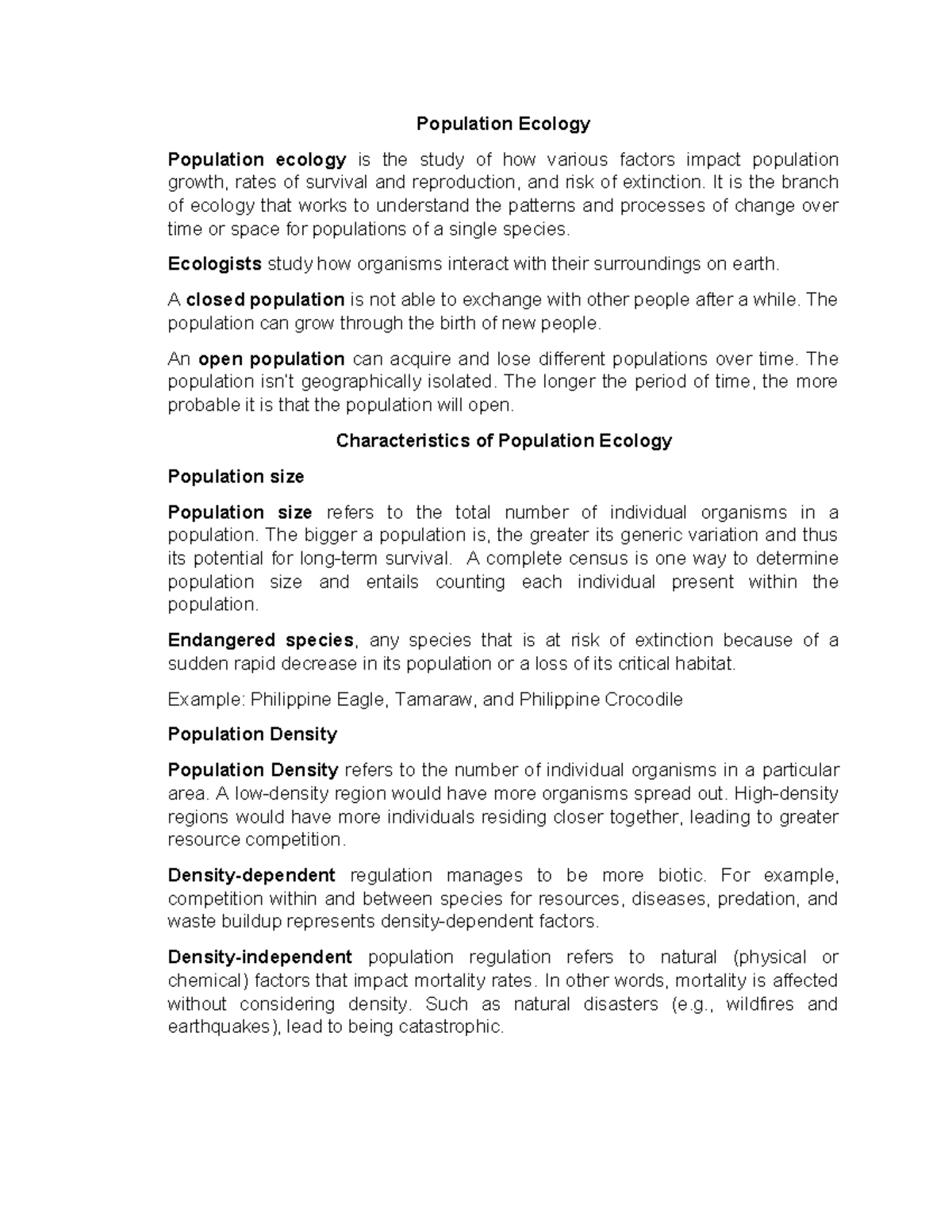 Population Ecology - Summary Beed Science - Population Ecology ...