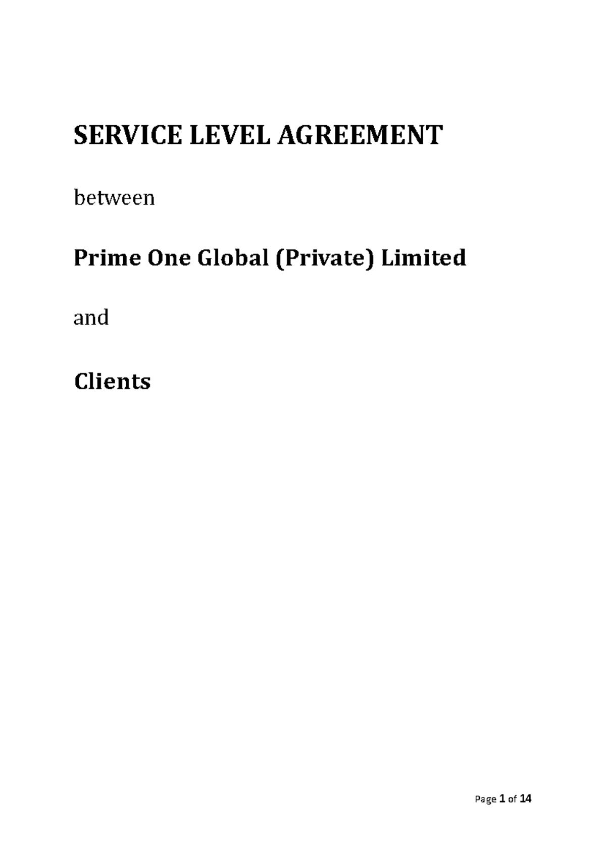Prime One SLA - yes - SERVICE LEVEL AGREEMENT between Prime One Global ...