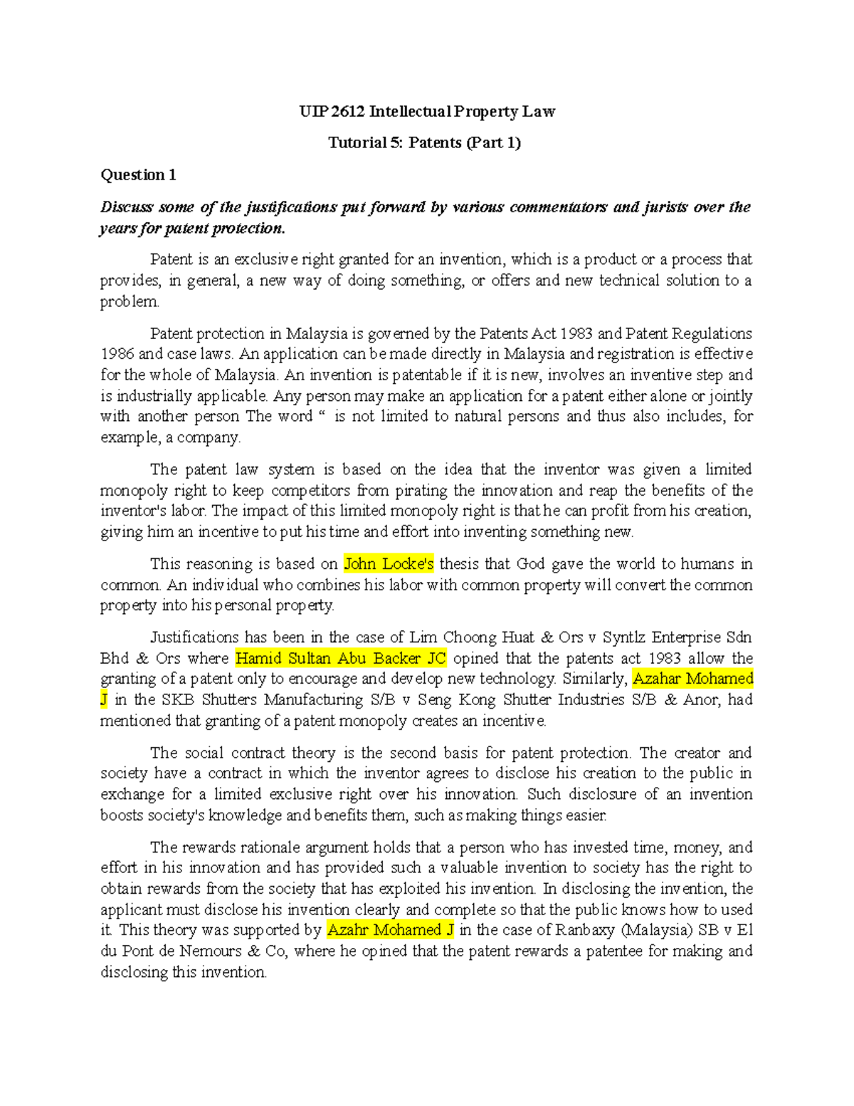 Tutorial 5 Intellectual Property Law Answer - UIP 2612 Intellectual ...