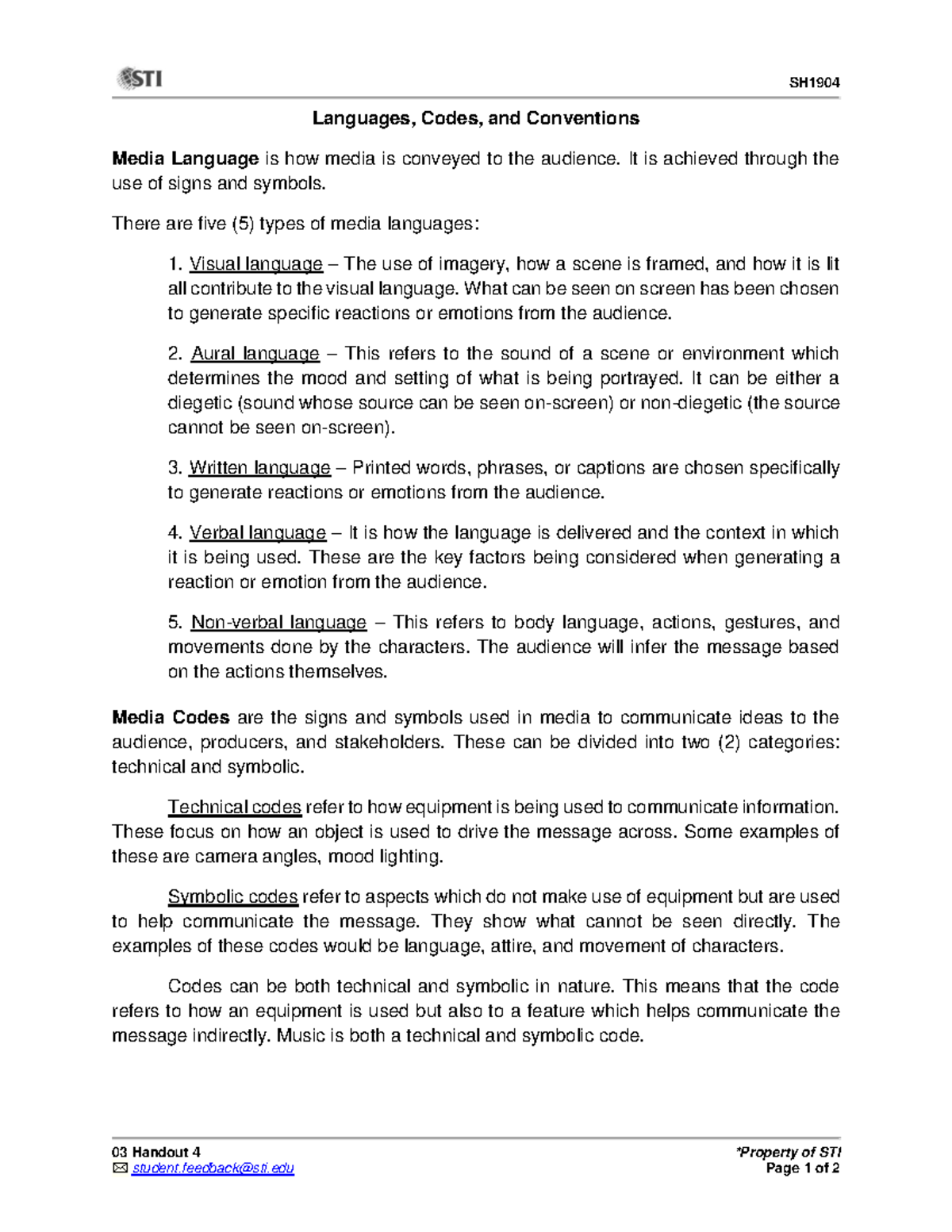 Languages, Codes, and Conventions - SH 03 Handout 4 *Property of STI ...