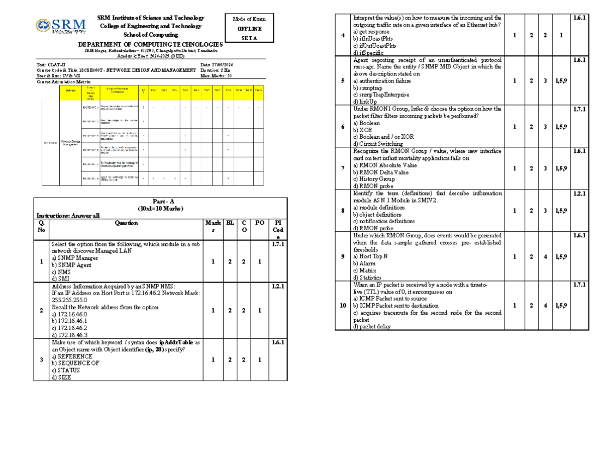 18CSE460T NDM CT2 SET A - N/A - SRM Institute of Science and Technology ...