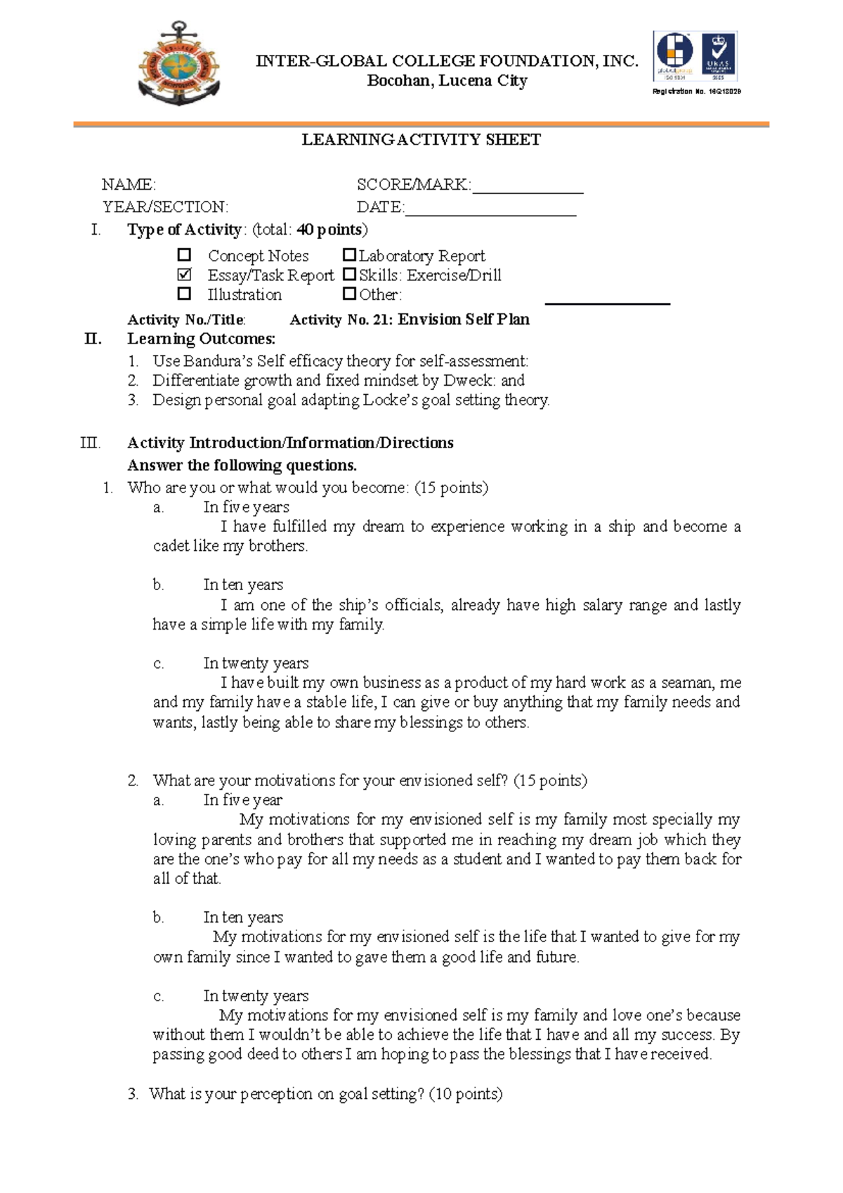 Activity 21 Envision Self Plan - Registration No. 16Q INTER-GLOBAL ...