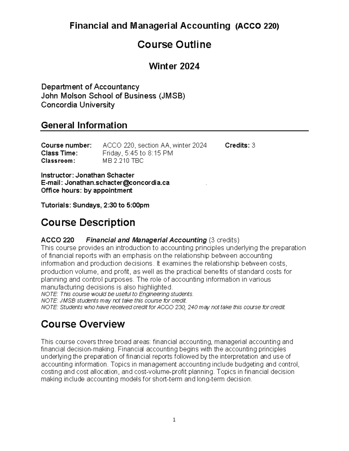 ACCO 220 Course Outline-winter 2024 - Financial and Managerial ...