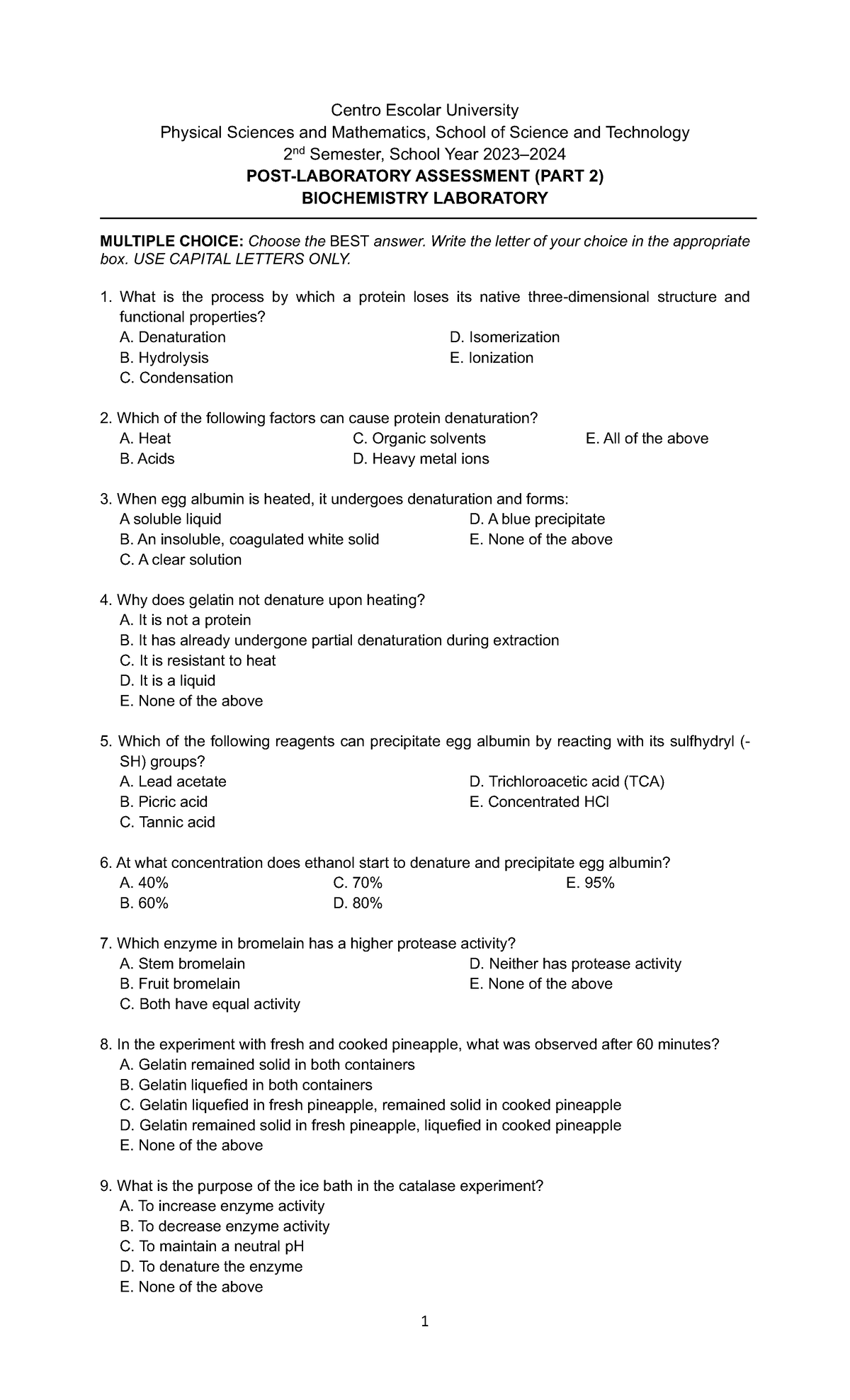 Biochem Lab Post-Laboratory Assesstment Part 2 - Centro Escolar ...