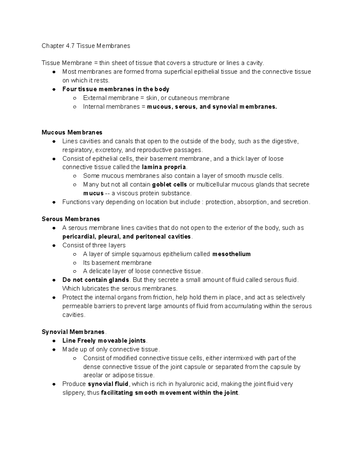 Chapter 4 A&P Notes - Chapter 4 Tissue Membranes Tissue Membrane = thin ...