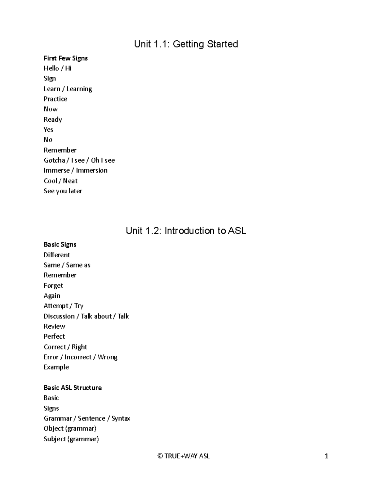 Unit 1.1-1.5 Vocabulary List - Unit 1: Getting Started First Few Signs ...