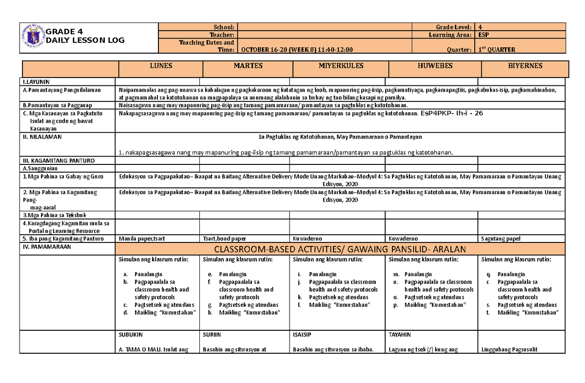 ESP Week 8 - ESP WEEK 8 - GRADE 4 DAILY LESSON LOG School: Grade Level ...