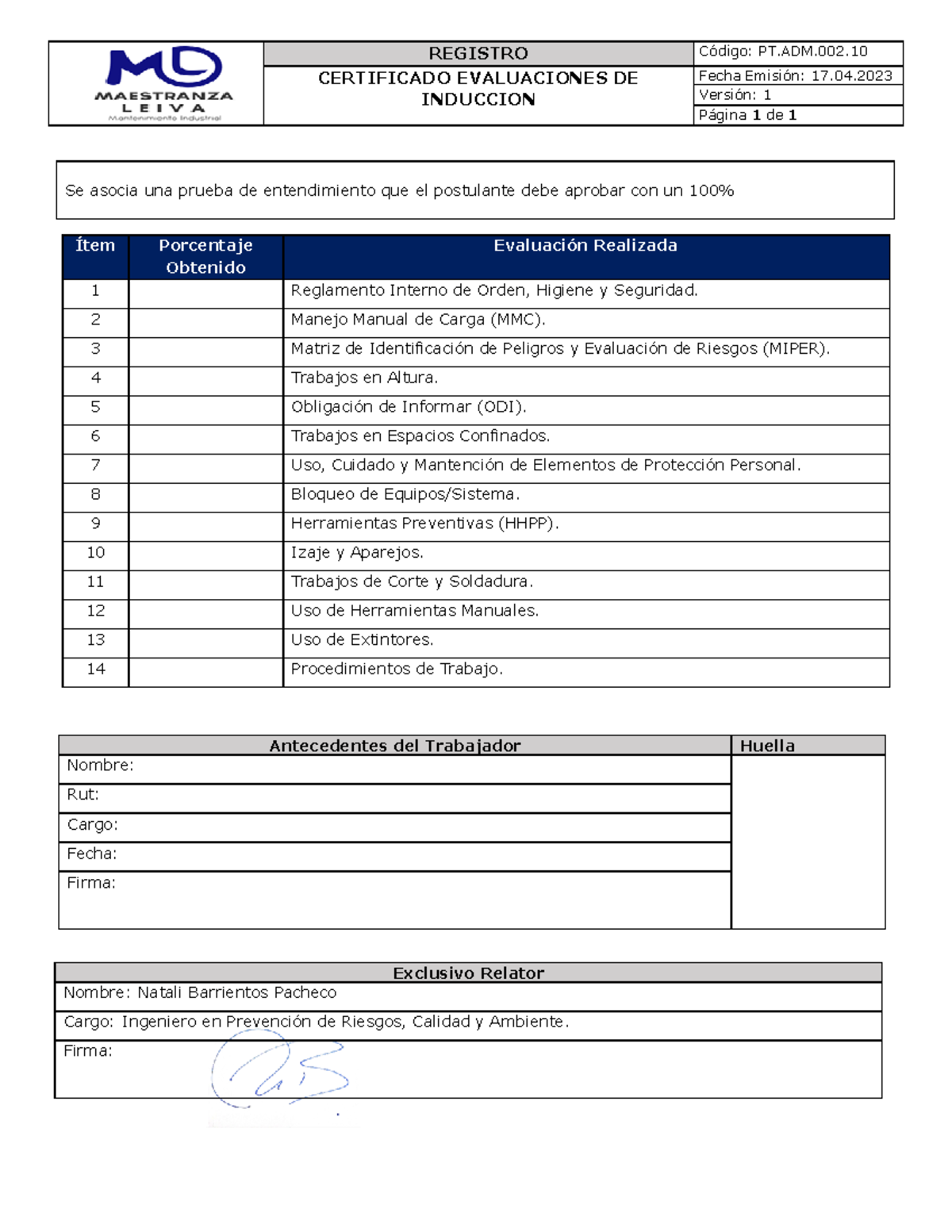 PT.ADM.002.10 Certificado de Evaluaciones - REGISTRO Código: PT.ADM ...