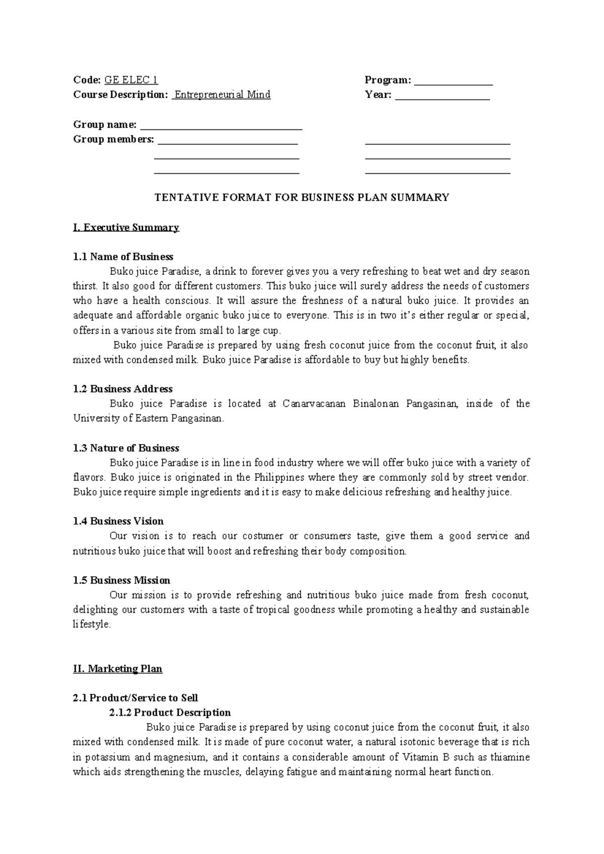 Tentative Business Plan Format (template) - Code: GE ELEC 1 Program ...