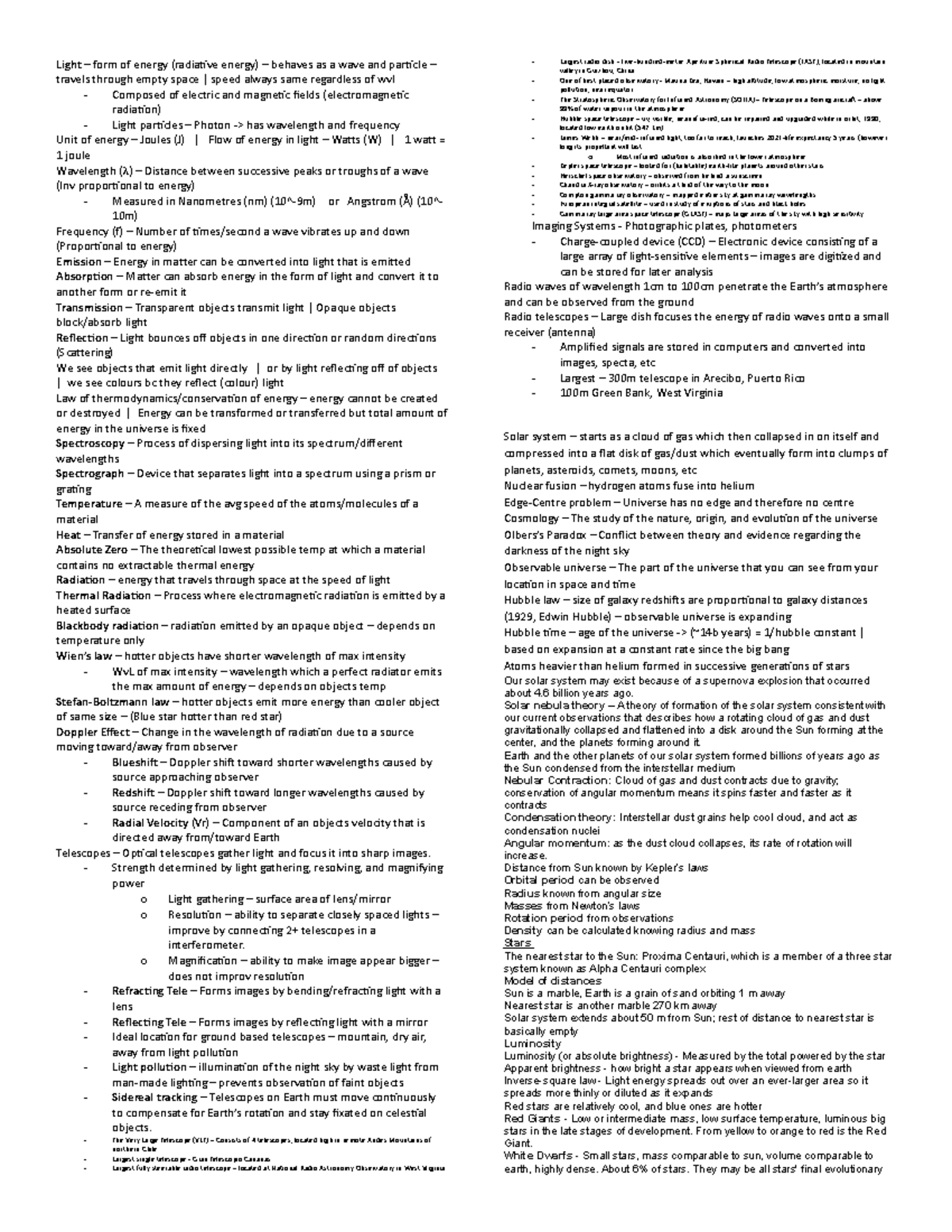Astro final cheat sheet - Light – form of energy (radiative energy ...