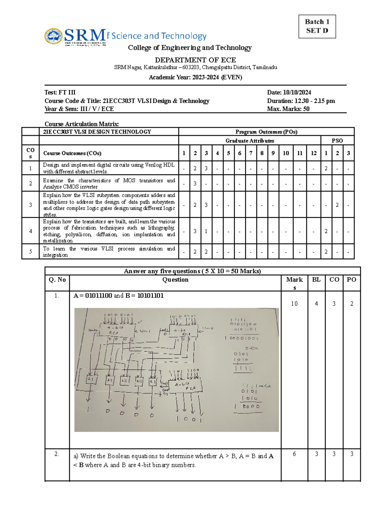 21ecc303t Set D Ans Key Srm Institute Of Science And Technology College Of Engineering And