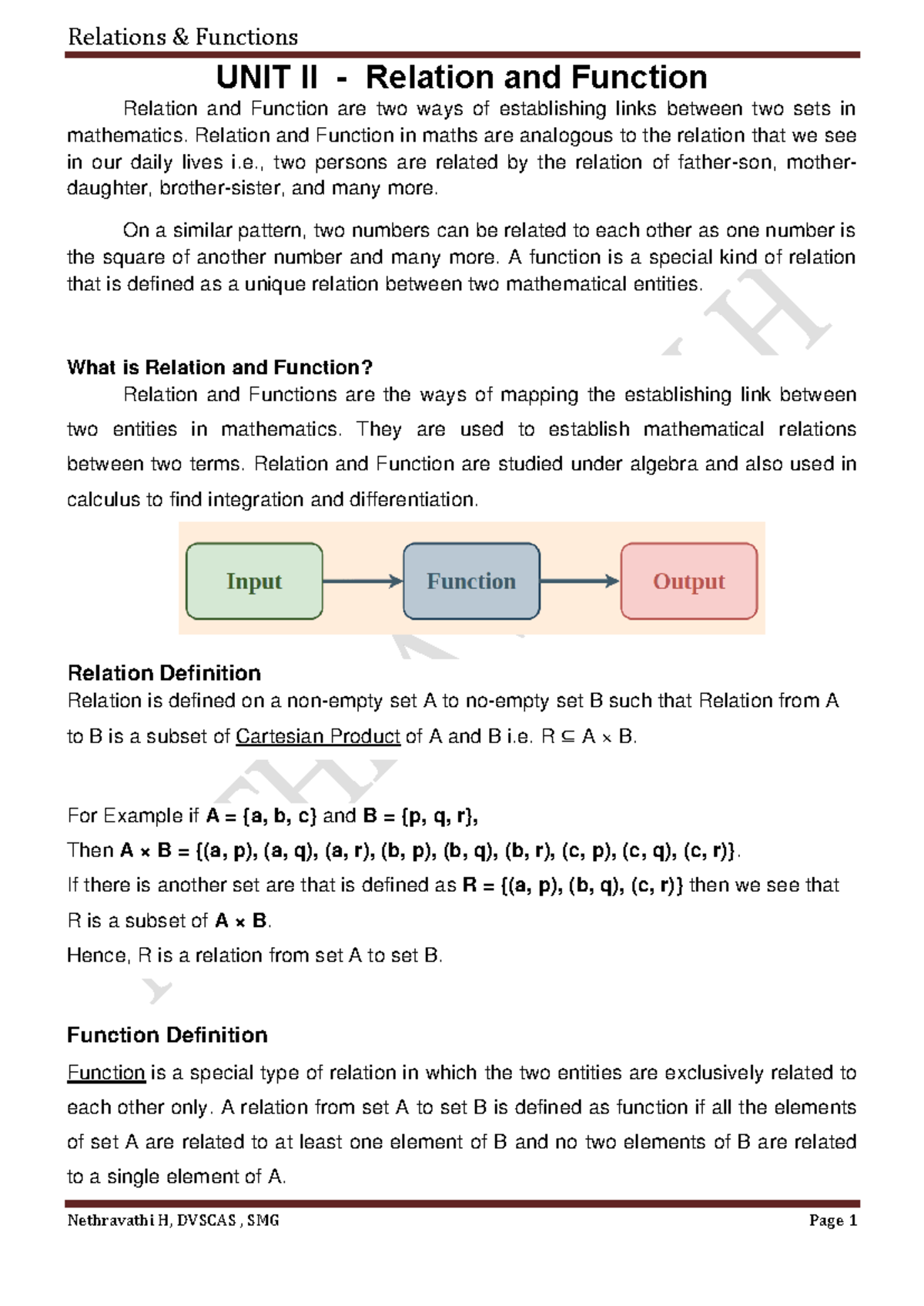 Relation and Function - Summary masters in cs - UNIT II - Relation and ...