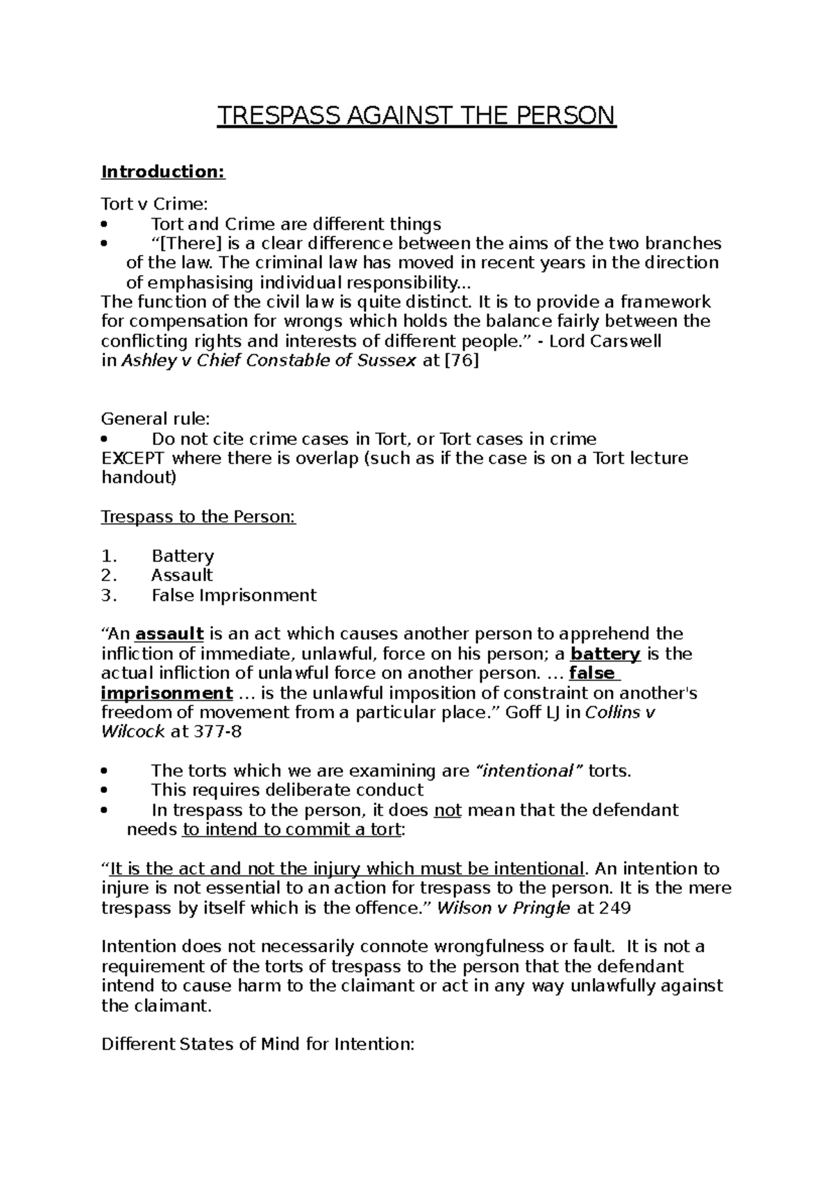 Trespass Against the Person Notes - TRESPASS AGAINST THE PERSON ...