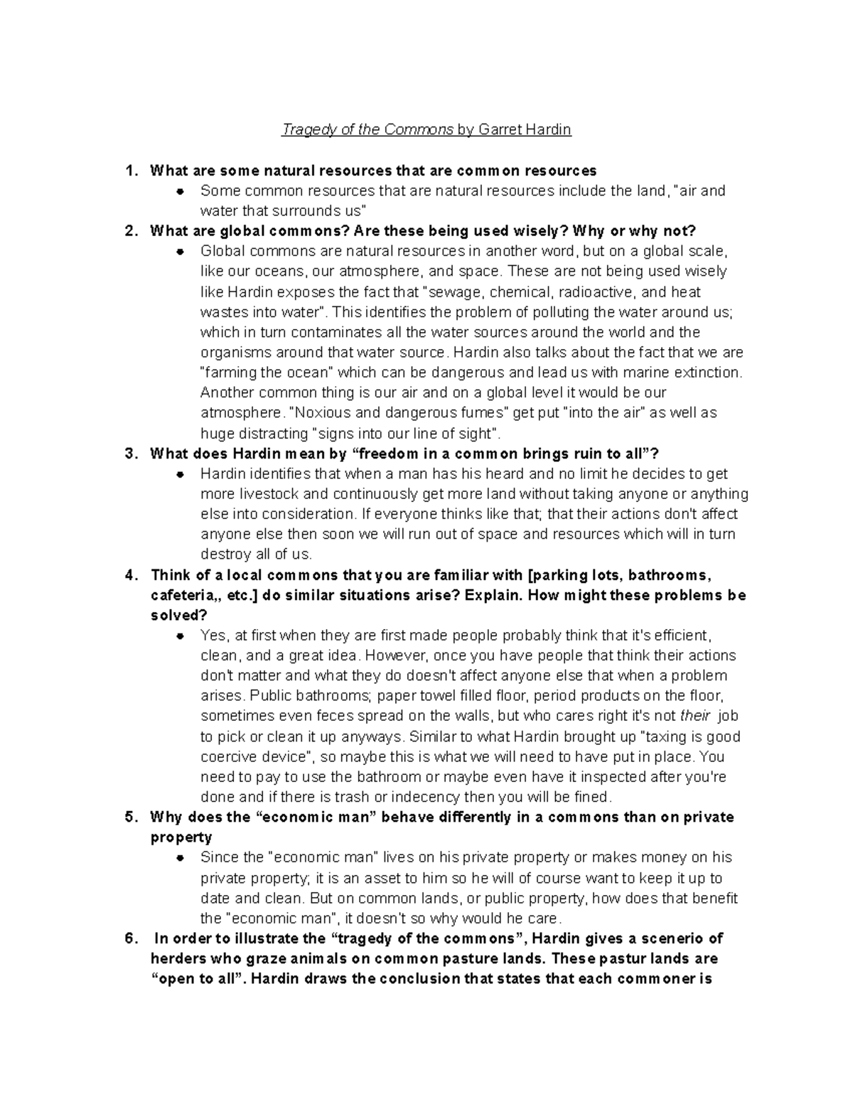 Tragedy of the commons Homework - Tragedy of the Commons by Garret ...
