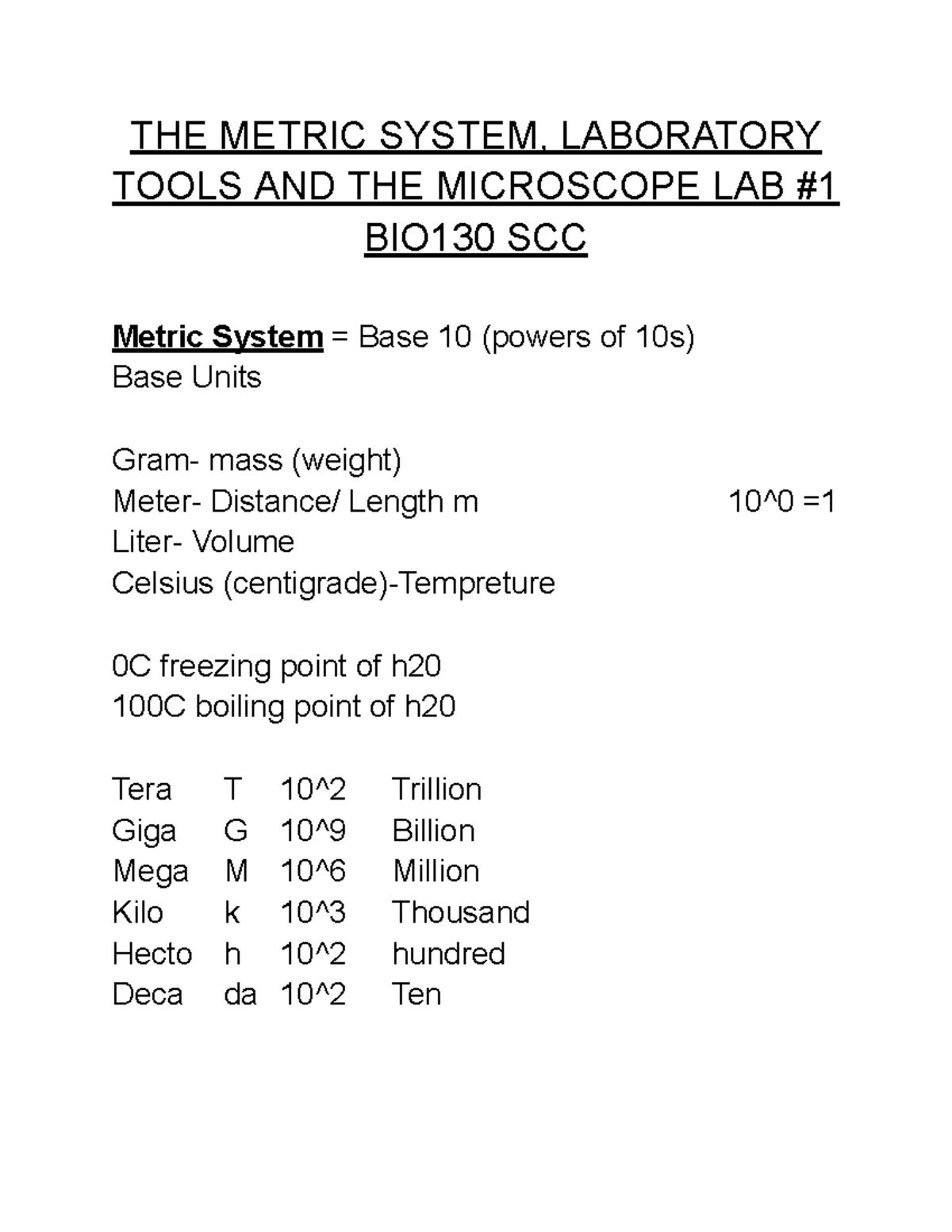 THE METRIC SYSTEM, LABORATORY TOOLS AND THE MICROSCOPE LAB #1 - BIO 130 ...