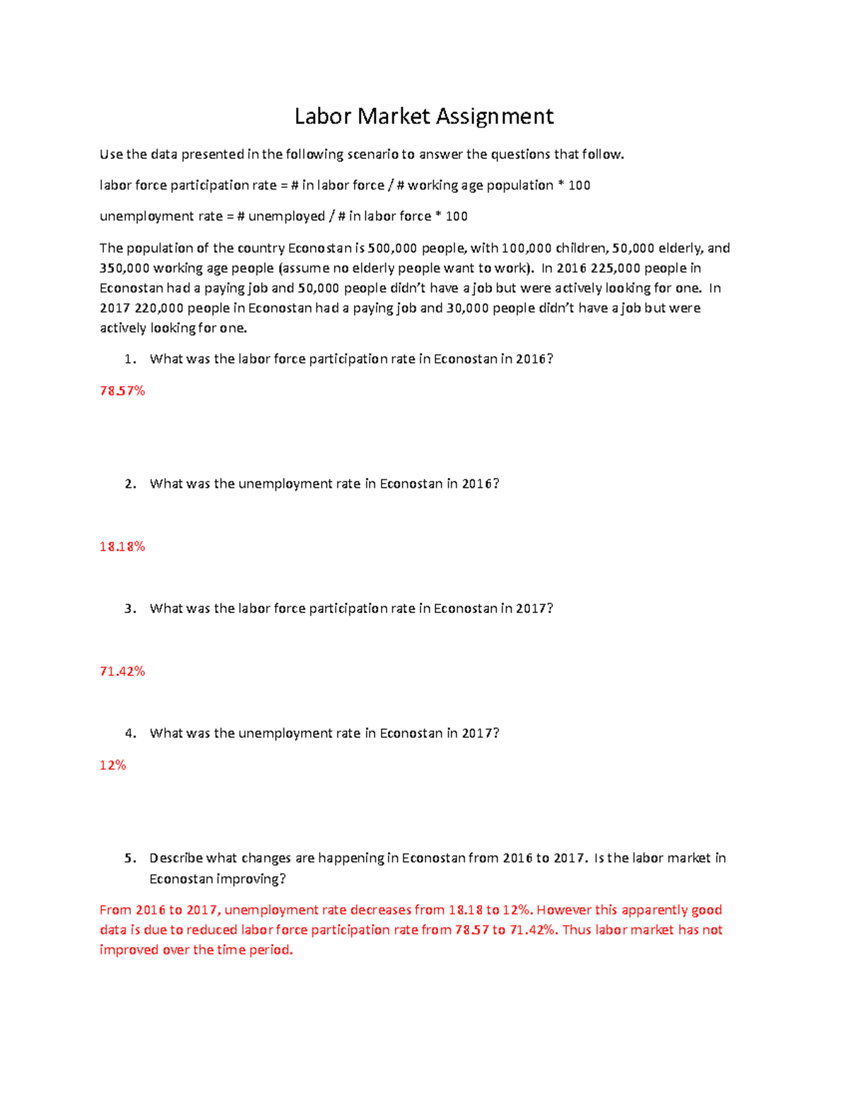 Labor Market Assignment - labor force participation rate = # in labor ...