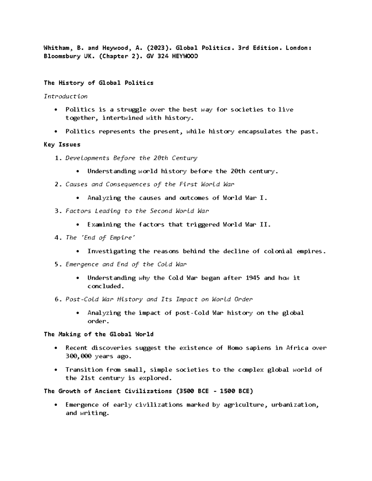Theme 2 International relations - Whitham, B. and Heywood, A. (2023 ...