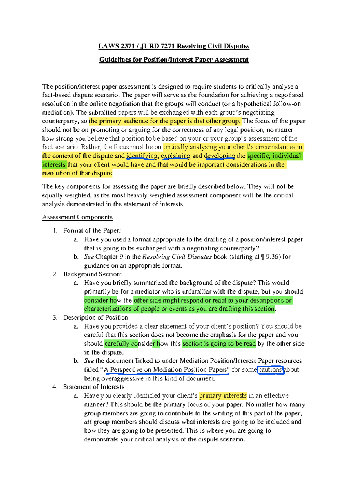 Position Interest Paper Guidelines - LAWS 2371 / JURD 7271 Resolving ...
