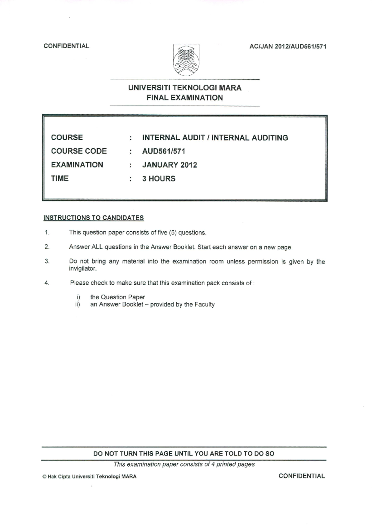 Internal Audit/Internal Auditing - CONFIDENTIAL AC/JAN 201 2/AUD56I ...