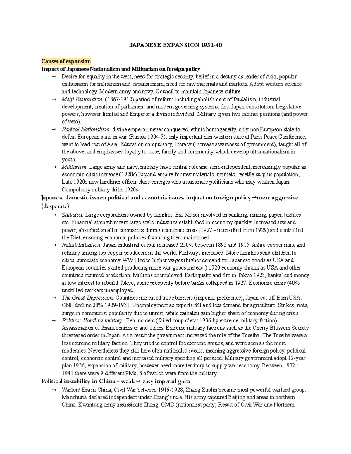 Paper 1 Move to Global War - JAPANESE EXPANSION 1931- Causes of ...