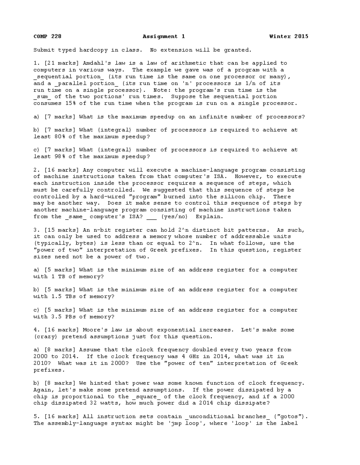 Comp228 Ass1 - Assignment 1 questions - COMP 228 Assignment 1 Winter 2015 Submit typed hardcopy ...